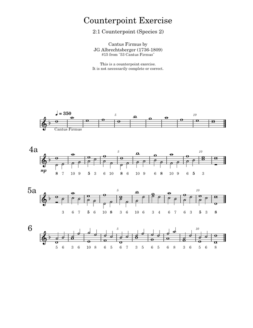 2nd Species Counterpoint Exercises on a CF by Albrechtsberger Sheet ...