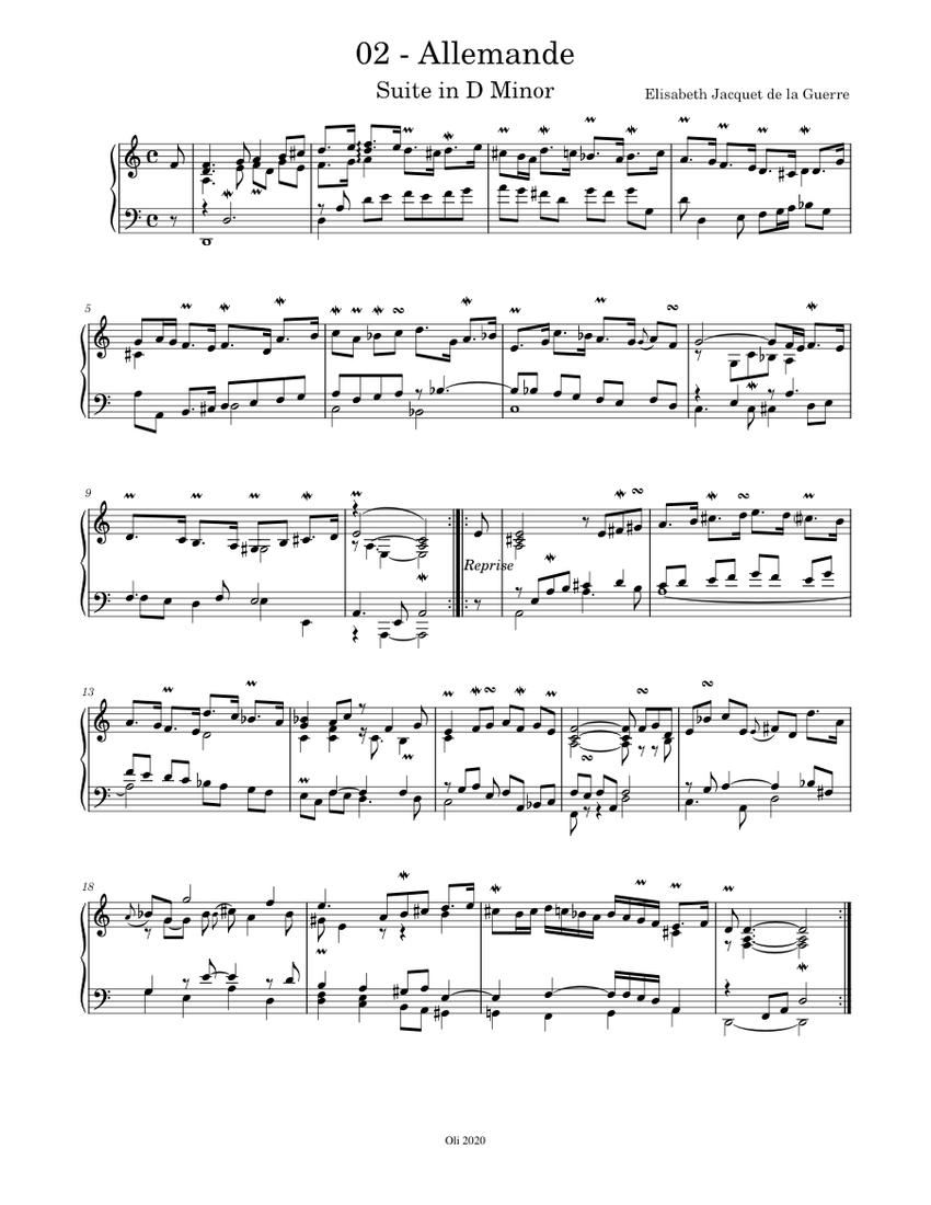 Elisabeth Jacquet de la Guerre Allemande Sheet Music for Piano (Solo ...
