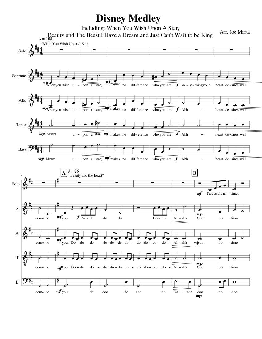 Disney Medley Choir Sheet Music for Soprano, Alto, Tenor, Bass voice ...