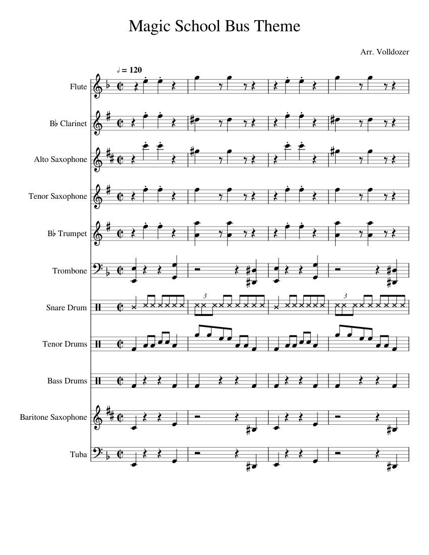 Magic School Bus Theme Sheet Music for Trombone, Tuba, Flute, Clarinet ...