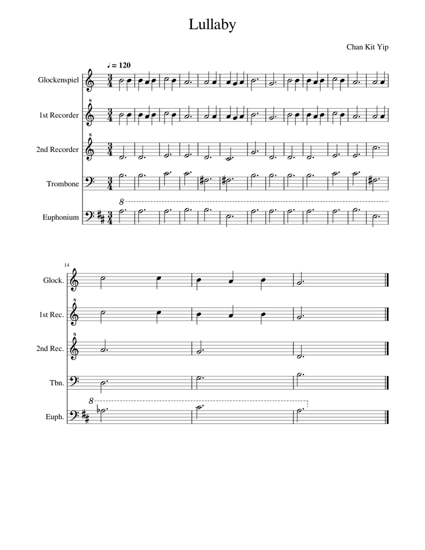 Lullaby Sheet music for Trombone, Euphonium, Glockenspiel, Recorder ...