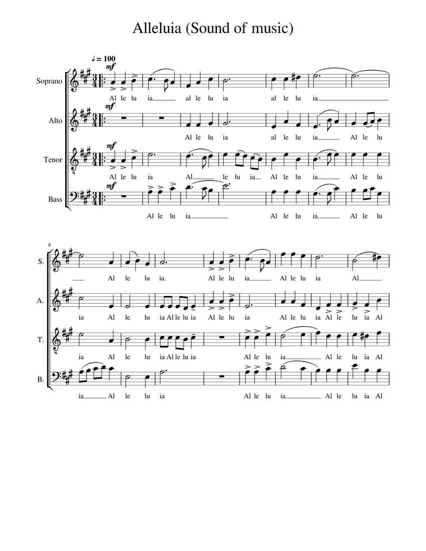 Alleluia_(Sound_of_music) Sheet music for Soprano, Alto, Tenor, Bass ...