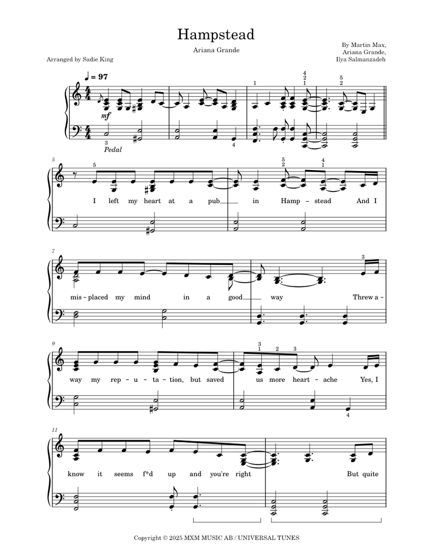Hampstead – Ariana Grande - Intermediate Piano Sheet Music | MuseScore.com