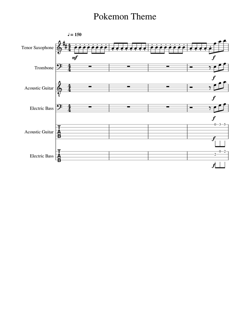 Pokemon Theme Sheet music for Trombone, Saxophone tenor, Guitar, Bass ...