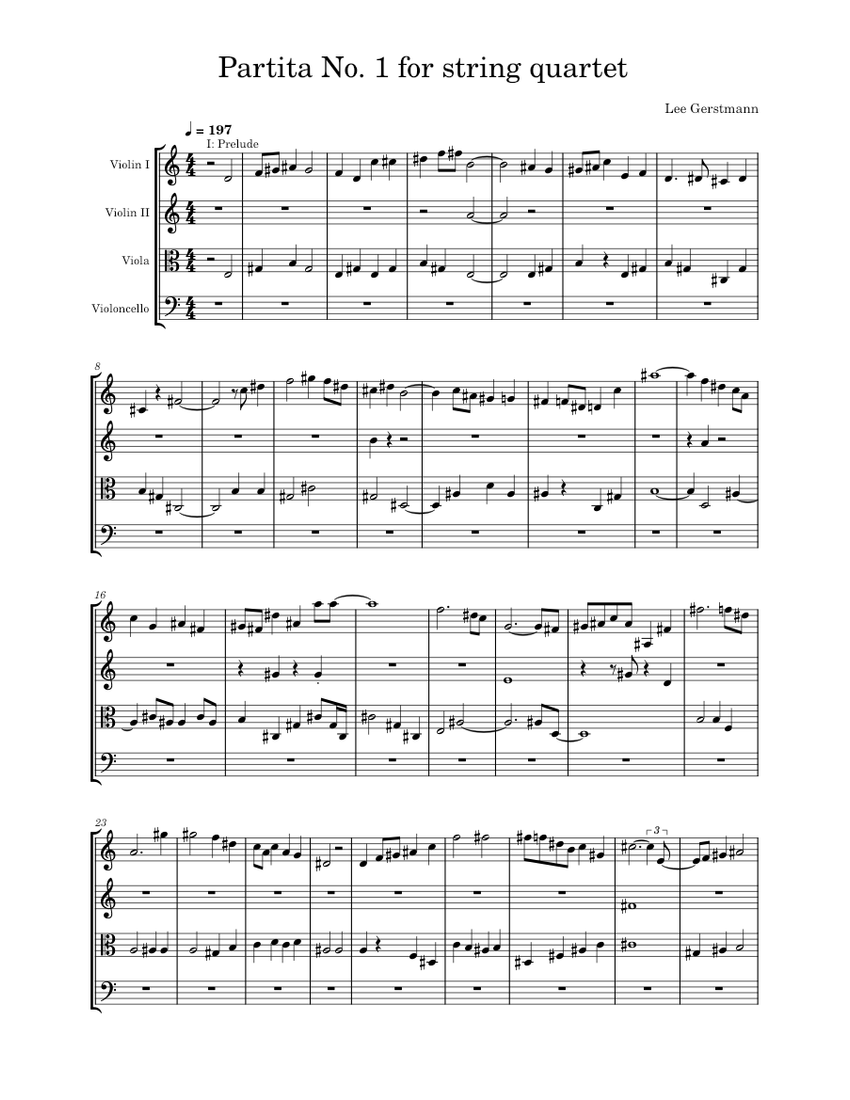 Partita No. 1 for string quartet Sheet Music for Violin, Viola, Cello (String Quartet ...