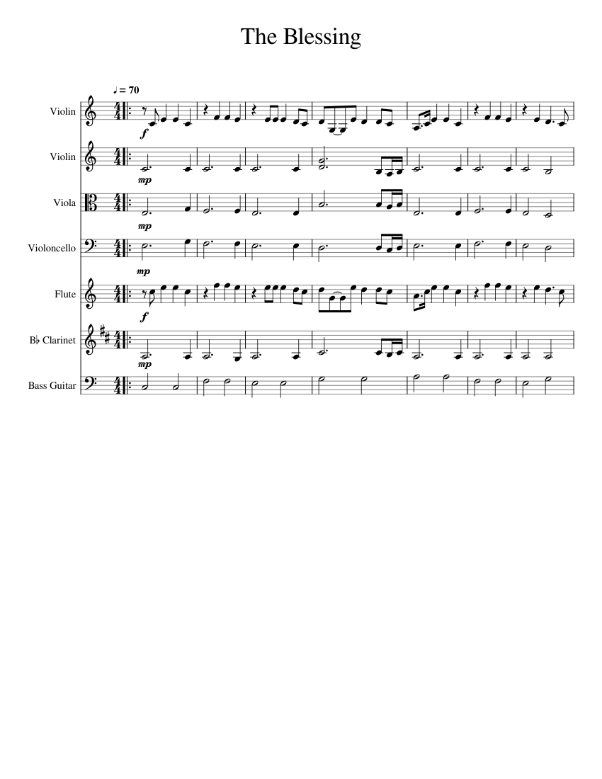 The Blessing Sheet music for Flute, Clarinet in b-flat, Violin, Viola ...