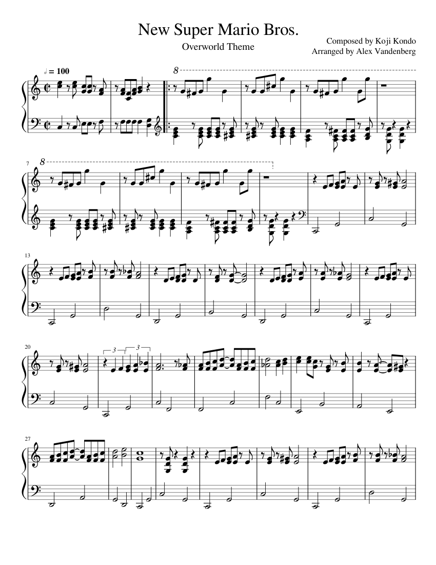 New Super Mario Bros. Overworld Theme Sheet Music for Piano (Solo ...