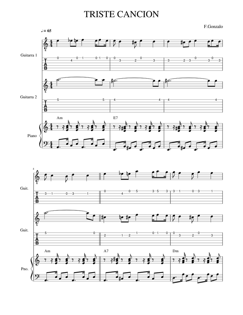 TRISTE CANCION Sheet music for Piano, Guitar (String Duet) | Musescore.com