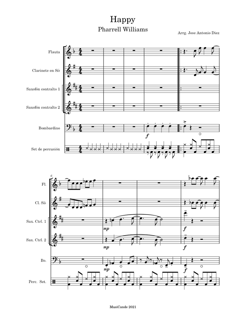 Happy – Pharrell Williams Sheet Music for Euphonium, Flute, Clarinet in ...
