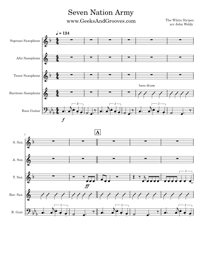 Seven nation army – The White Stripes for Sax Quartet + Bass Sheet ...