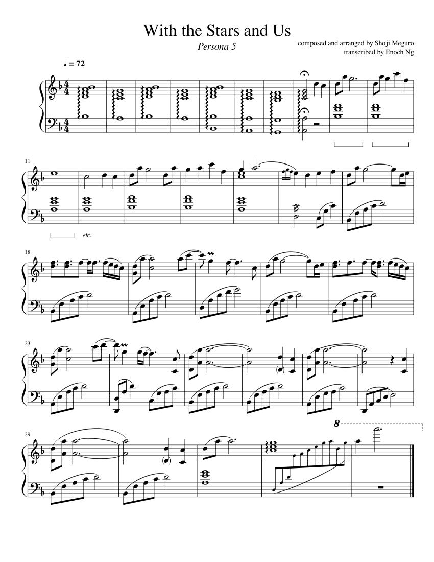 With the Stars and Us - Persona 5 Sheet Music for Piano (Solo) easy ...