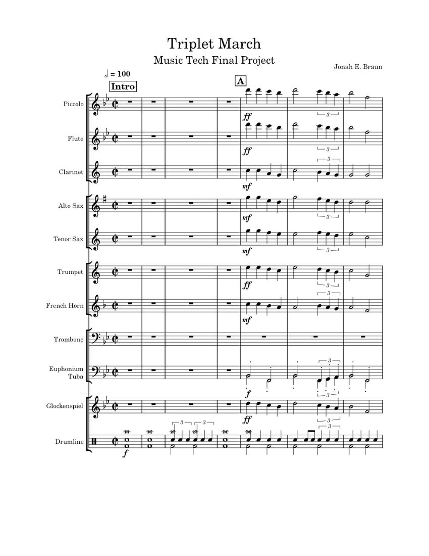 Triplet March Sheet Music for Trombone, Flute piccolo, Flute, Clarinet ...
