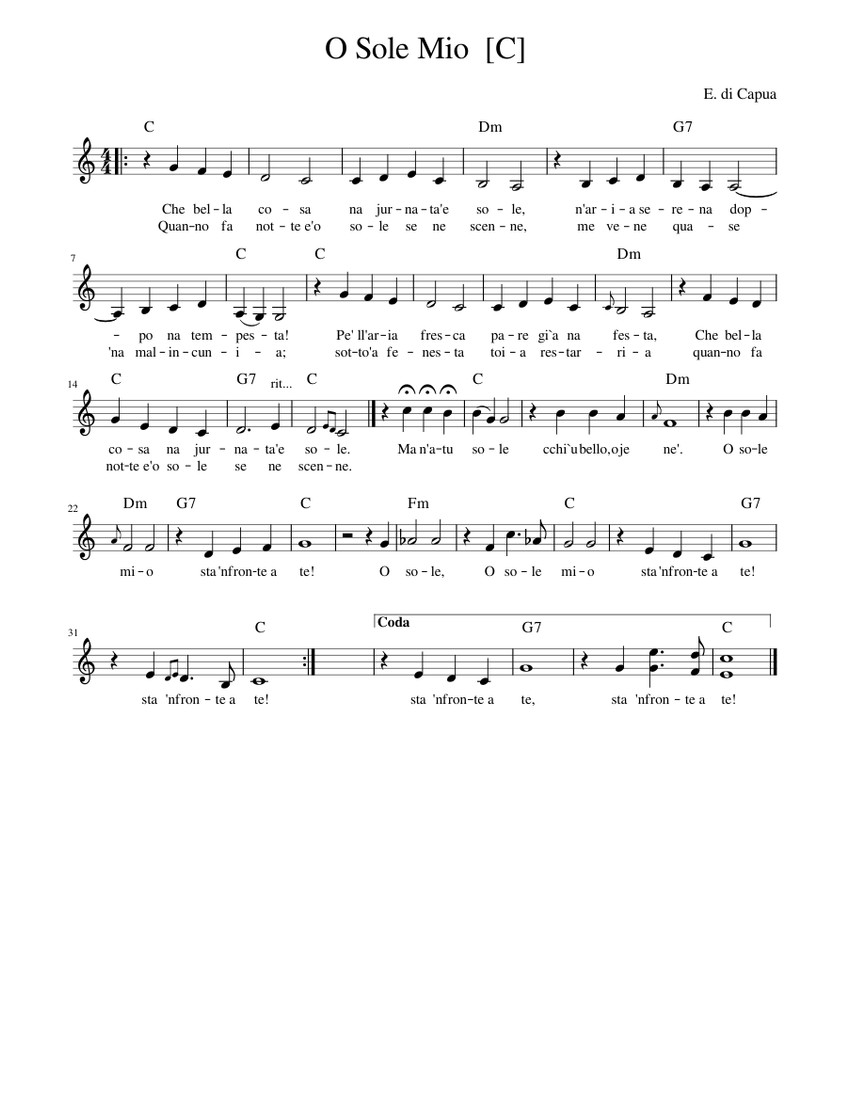 O Sole Mio Sheet Music with Chords for Piano (Solo) Easy | MuseScore.com
