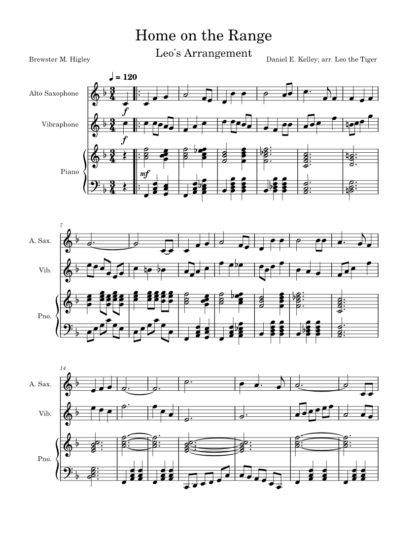 Home on the Range (Leo's Arrangement) Sheet Music for Piano, Saxophone ...