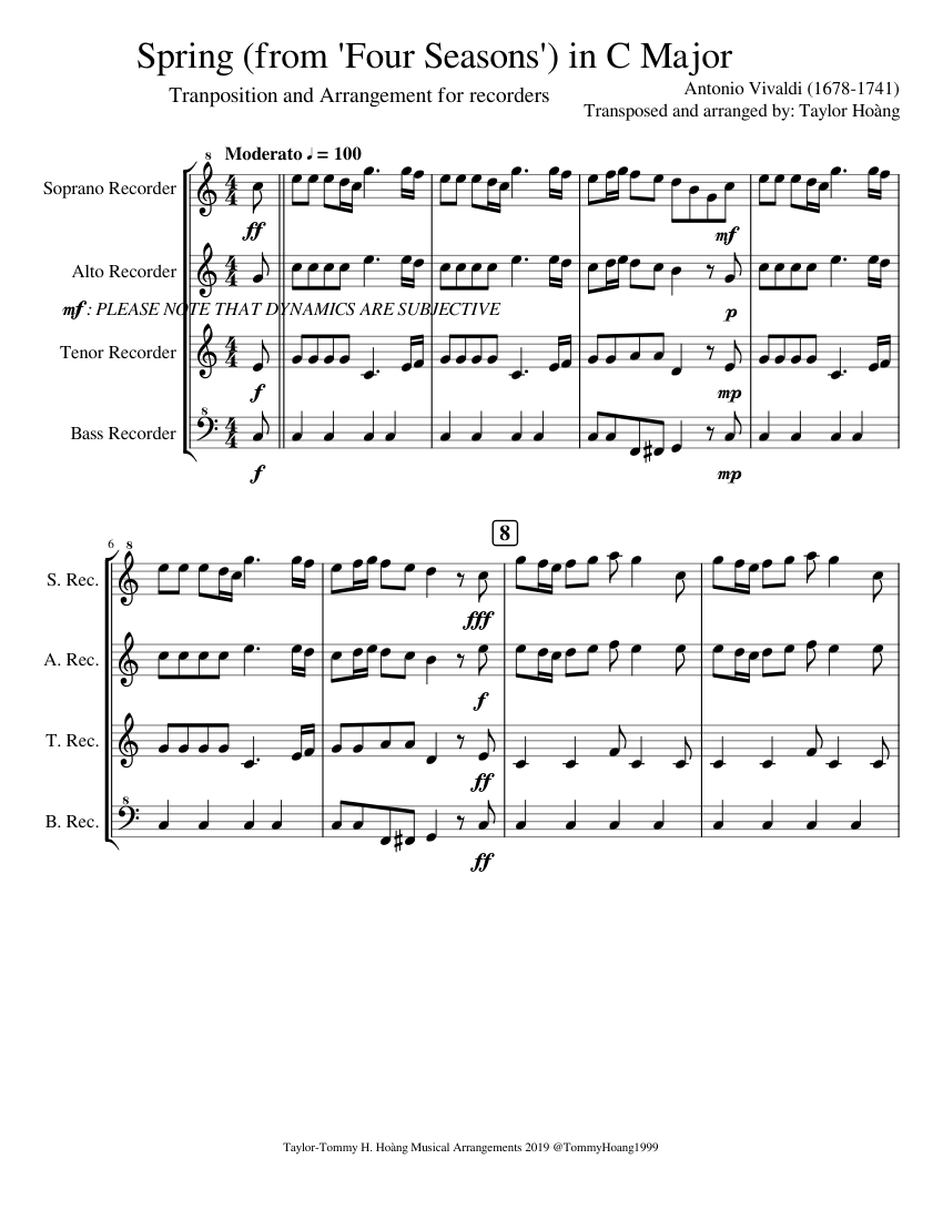Spring from Four Seasons in C Major for Four Recorders Sheet music for ...