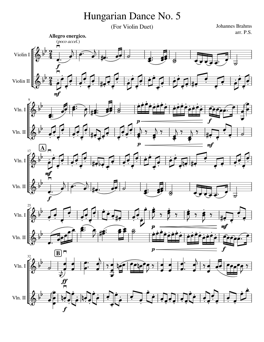 Hungarian Dance No. 5 - Johannes Brahms Sheet Music for Violin (String ...
