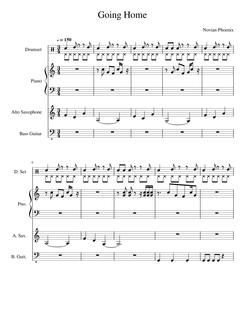 Going Home Sheet music for Piano, Saxophone alto, Bass guitar, Drum ...