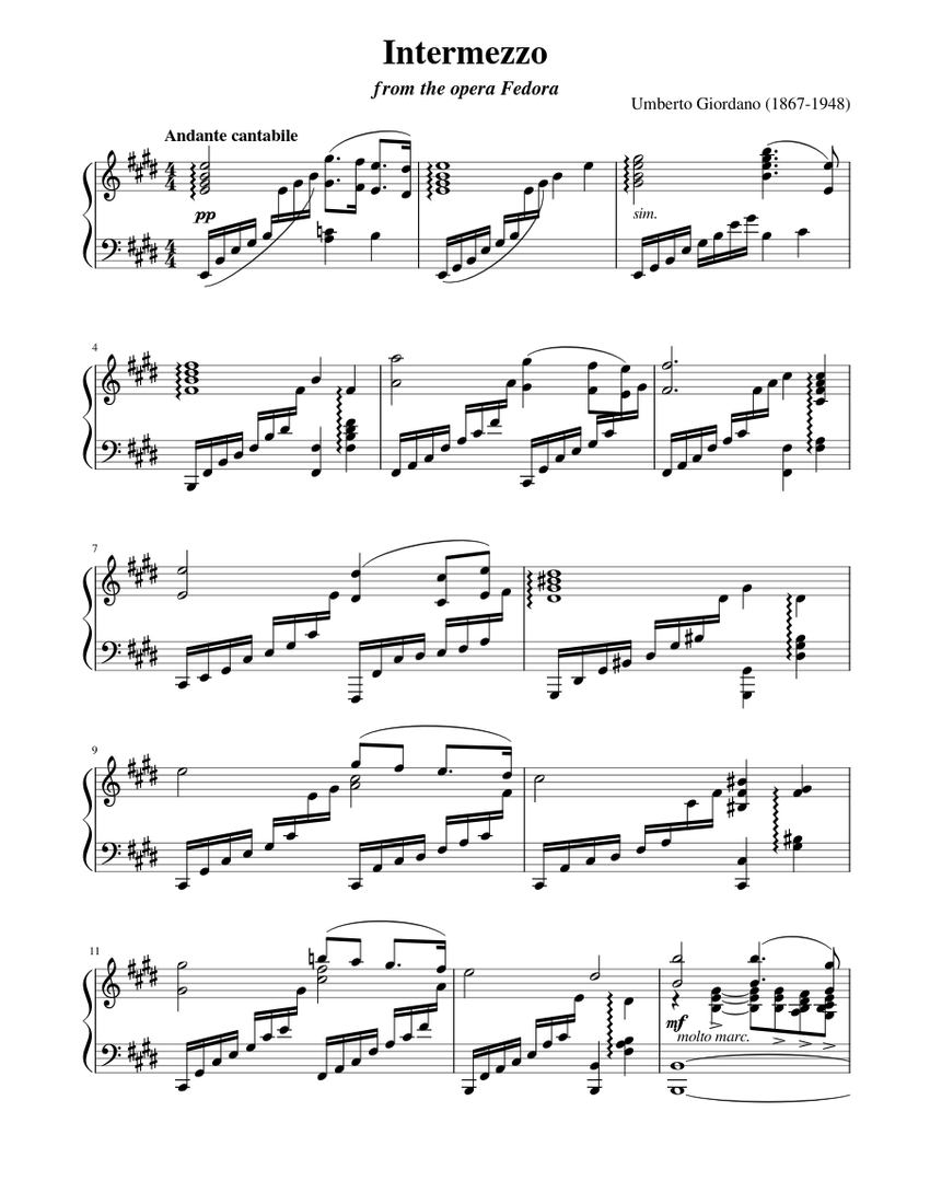 Intermezzo from the opera Fedora Sheet Music for Piano (Solo ...
