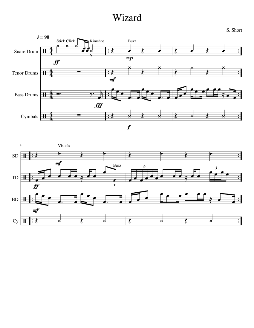 Wizard Sheet music for Snare drum, Crash, Tenor drum, Bass drum ...