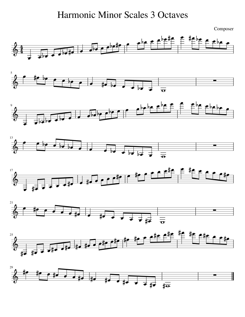 Harmonic_Minor_Scales_3_Octaves Sheet Music for Piano (Solo) easy ...