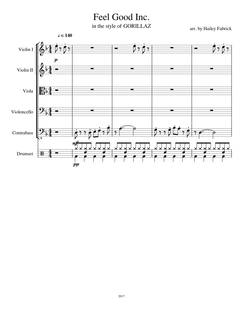 Feel Good Inc. - String/Drumset arr. Sheet Music for Contrabass, Violin ...