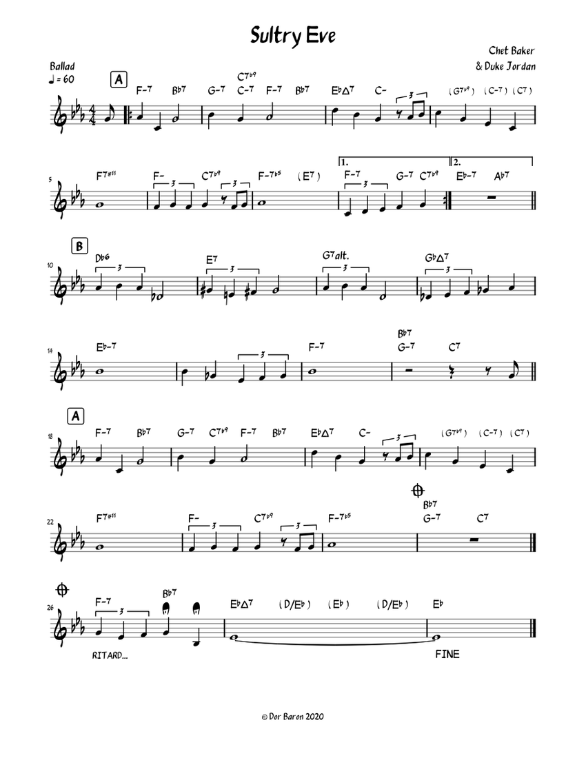 Sultry Eve - Chet Baker & Duke Jordan (Jazz Lead Sheet) Sheet Music ...