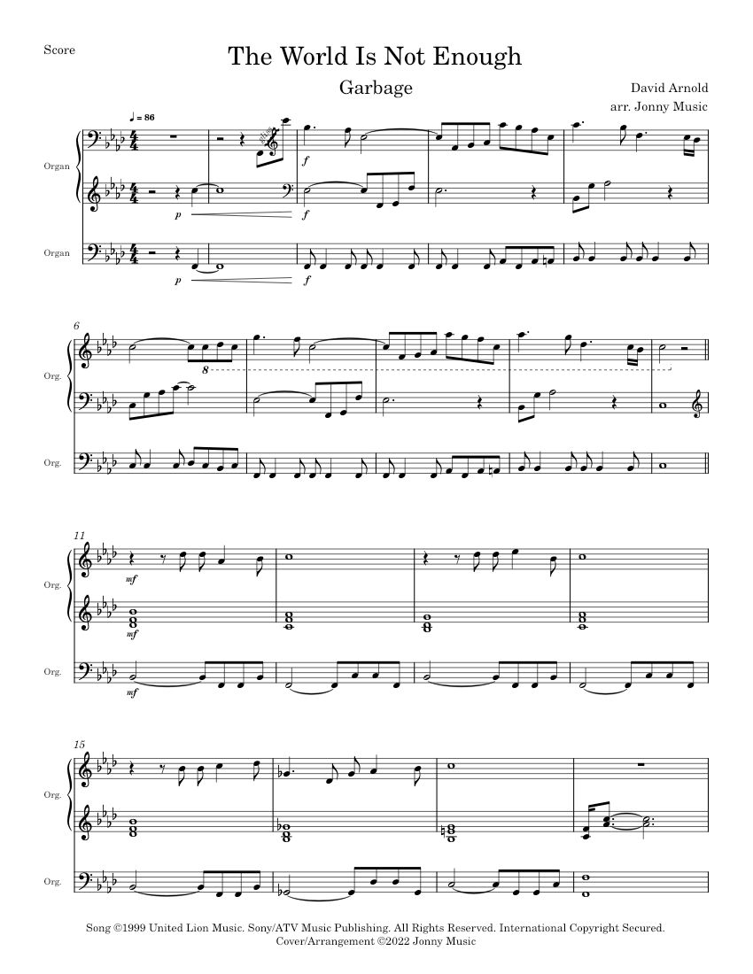 The World Is Not Enough (Garbage) Organ Cover Sheet Music for Organ ...