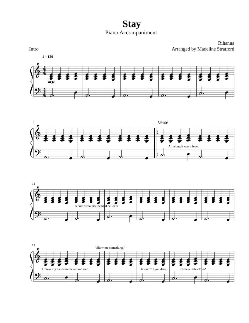 Stay - Rihanna - Piano Accompaniment for EASY PIANO Sheet Music for ...