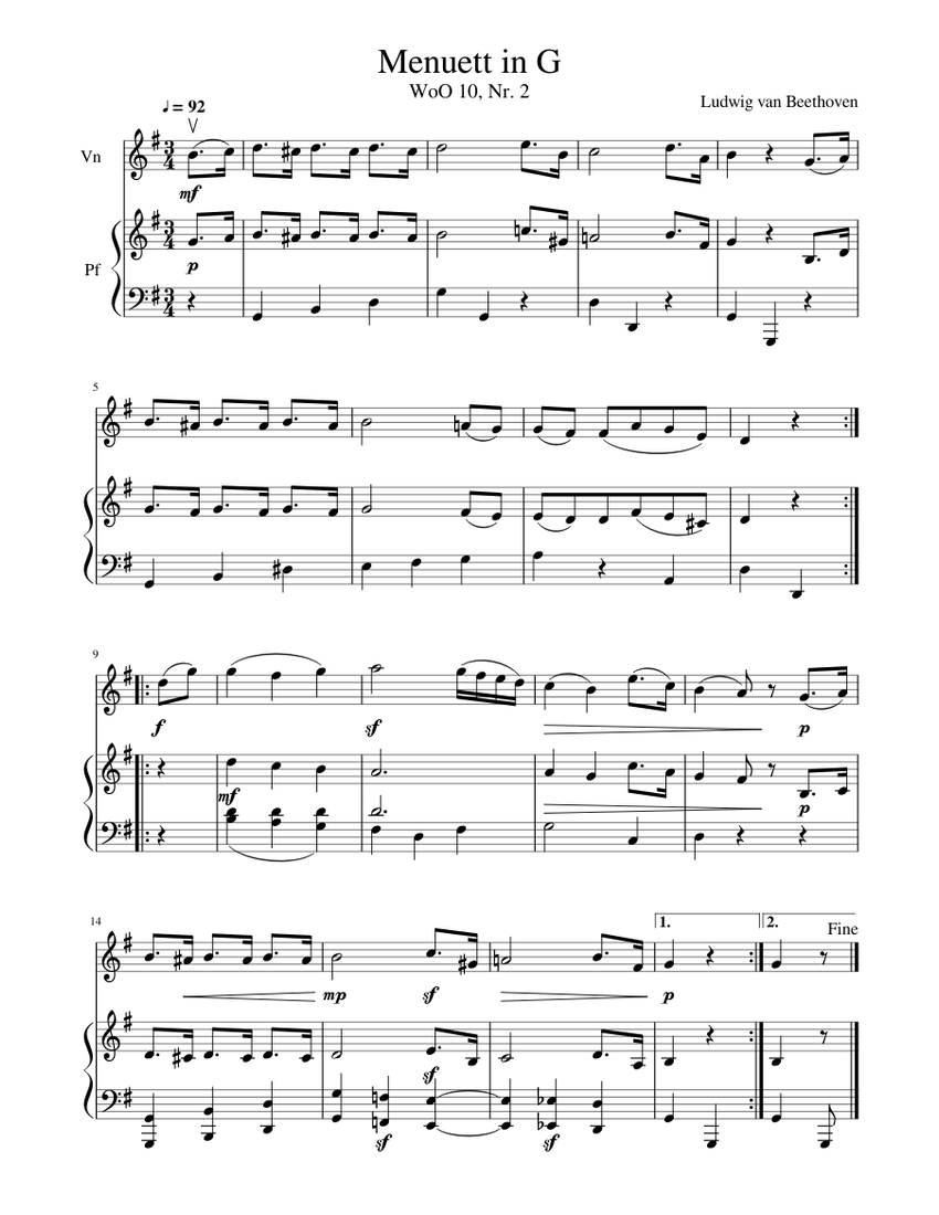 Beethoven — Minuet in G (easy violin and piano) Sheet music for Piano ...