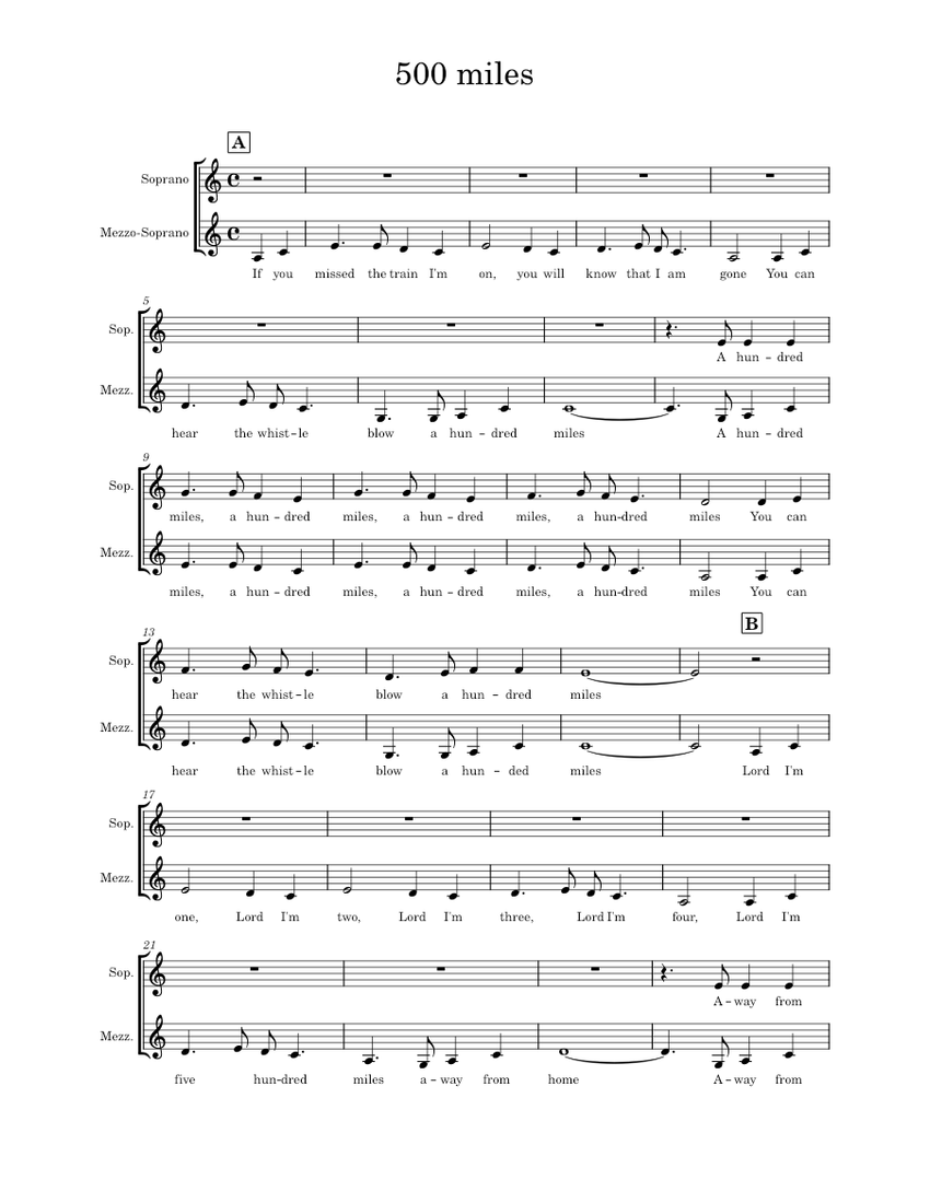 500 miles Sheet Music for Piano (Choral) | MuseScore.com