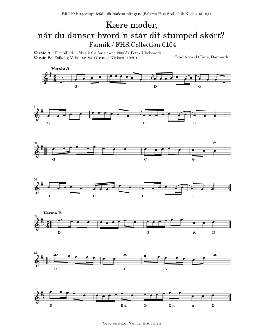 Kære moder, når du danser hvord´n står dit stumped skørt? (FHS.Collection.0104) Sheet music for ...