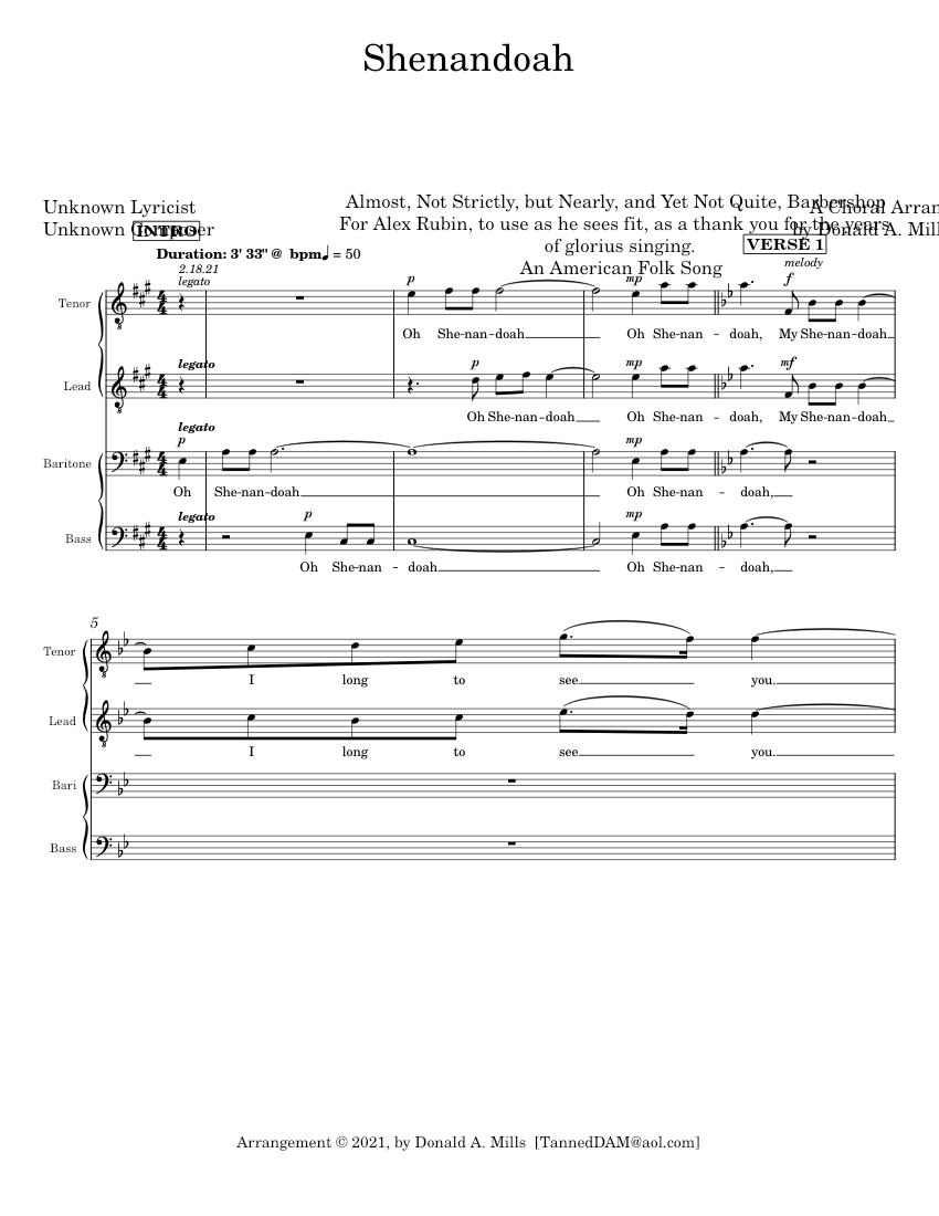 Shenandoah – Misc Traditional Sheet music for Tenor, Bass voice ...