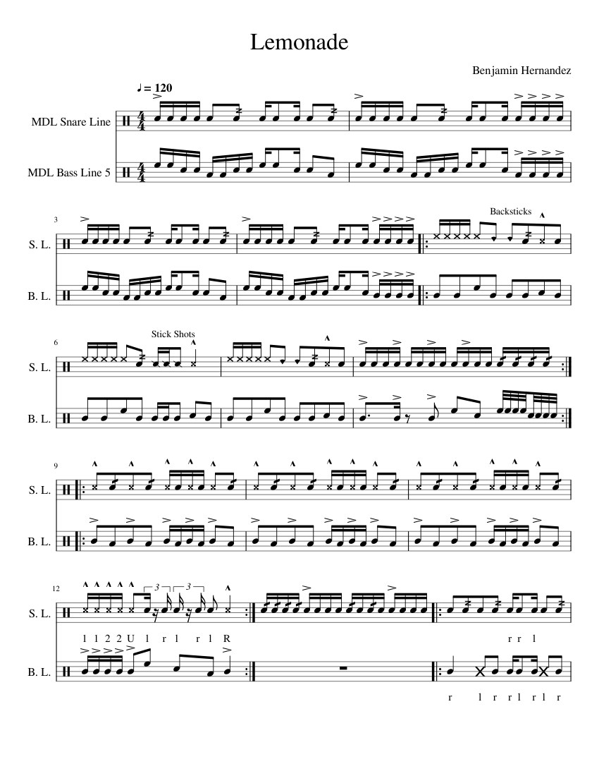 Lemonade Sheet music for Snare drum, Bass drum (Percussion Duet ...