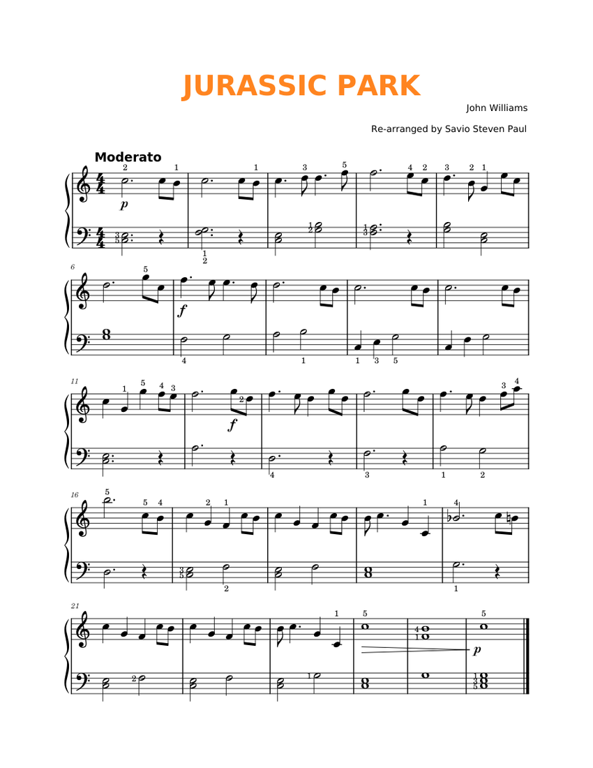 Jurassic park theme – John Williams JURASSIC PARK THEME - EASY VERSION Sheet Music for Piano ...