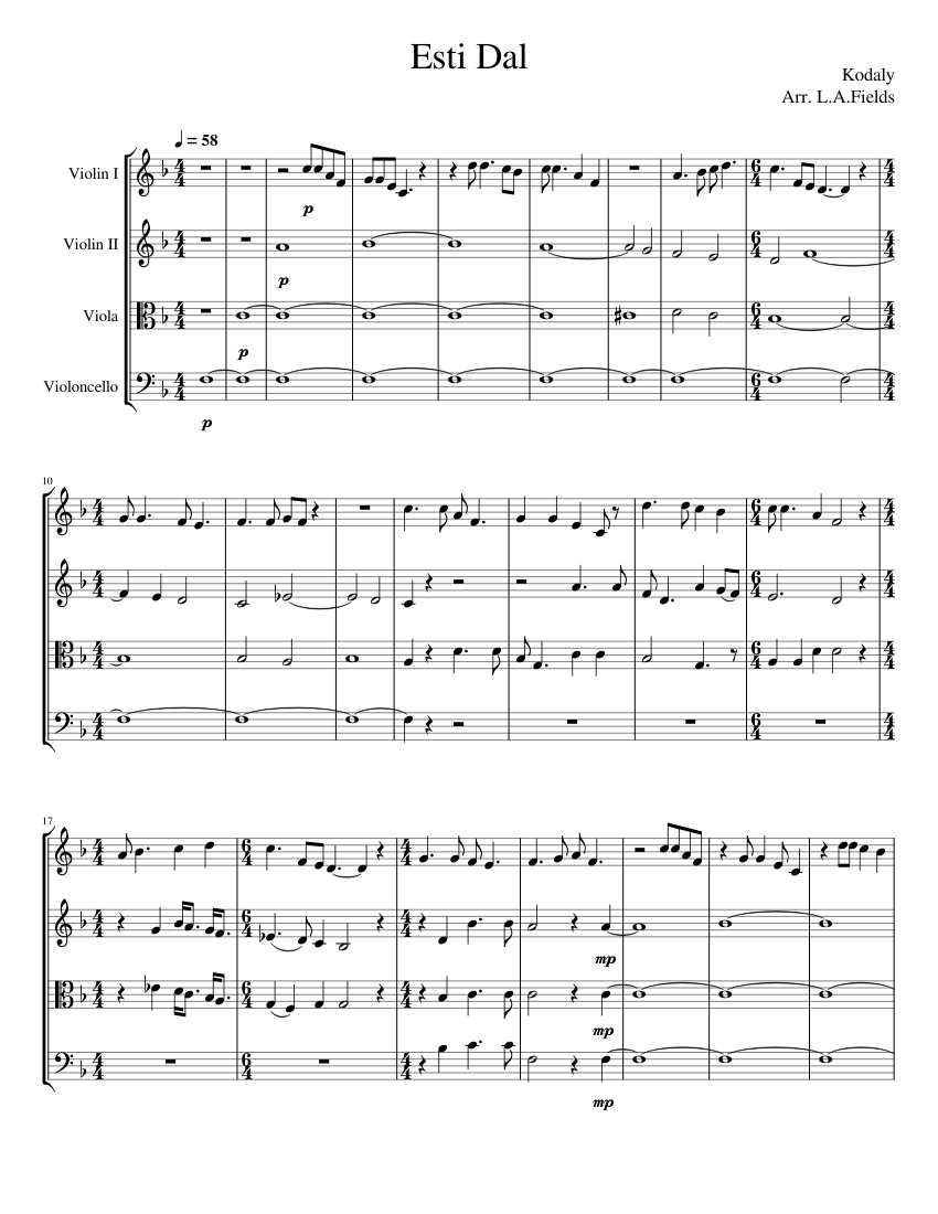 Esti Dal – Zoltán Kodály Sheet music for Violin, Viola, Cello (String Quartet) | Musescore.com
