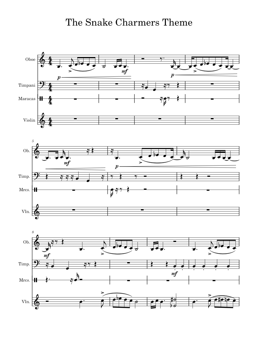 The Snake Charmers Theme Sheet Music for Oboe, Timpani, Violin, Maraca ...