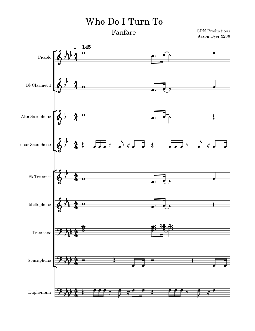 Who Do I Turn To Fanfare - (Jason Dyer) Sheet music for Trombone, Euphonium, Mellophone, Flute ...