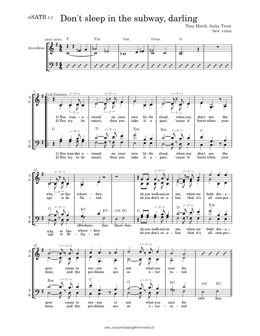 Don't sleep in the subway, darling =satb1.1 Sheet Music for Female ...