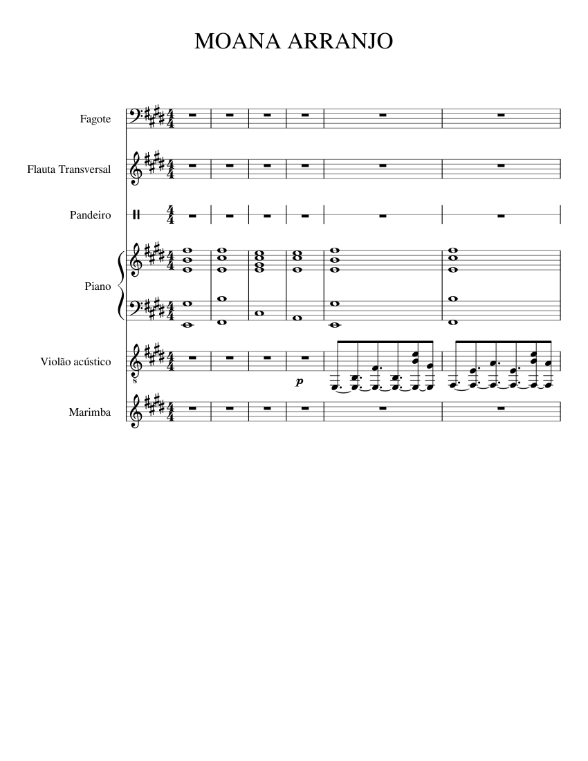 MOANA ARRANJO Sheet music for Piano, Tambourine, Flute, Bassoon & more ...