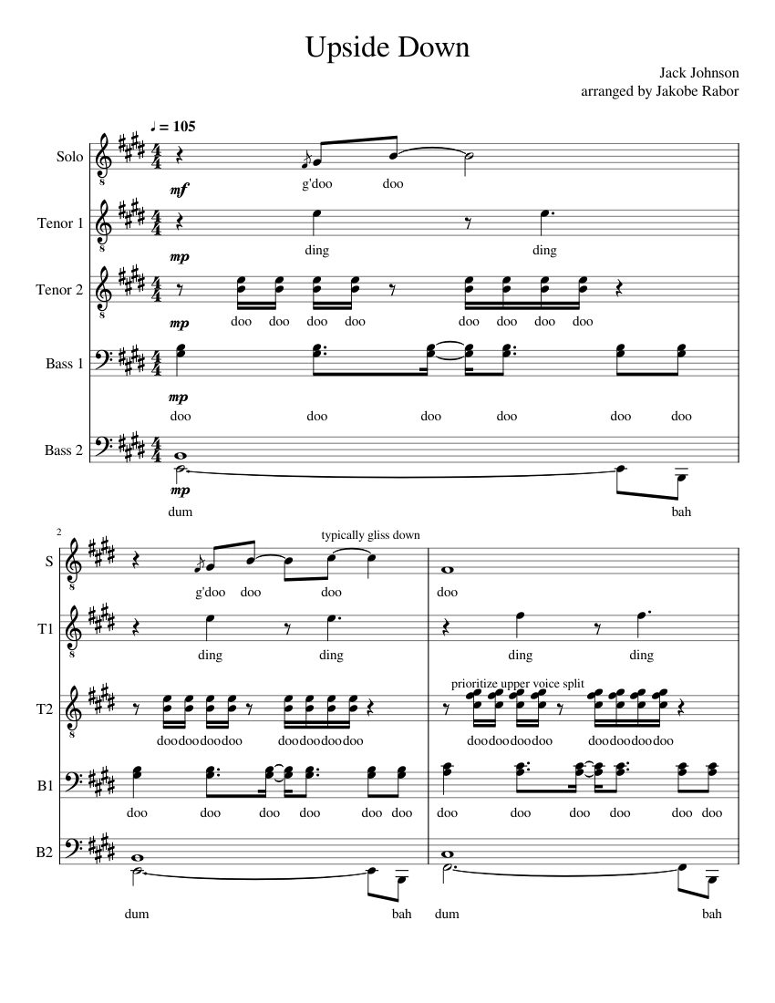 Upside Down Acapella Sheet Music for Piano (Mixed Quintet) | MuseScore.com