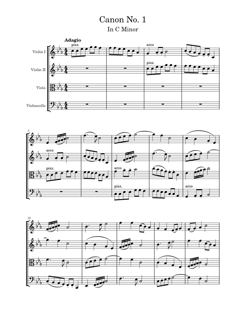 Canon in C minor Sheet music for Violin, Viola, Cello (String Quartet ...