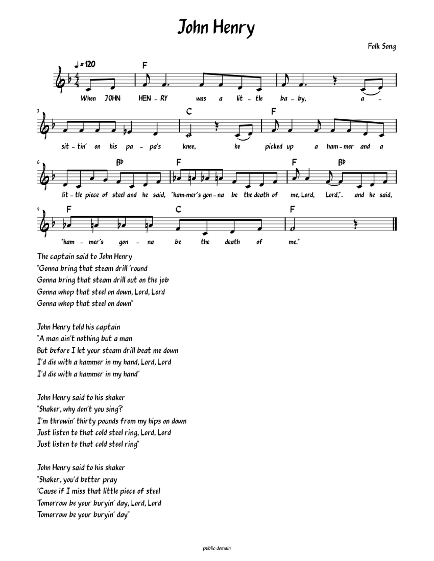 John Henry (Lead sheet with lyrics ) Sheet Music with Chords for Piano ...