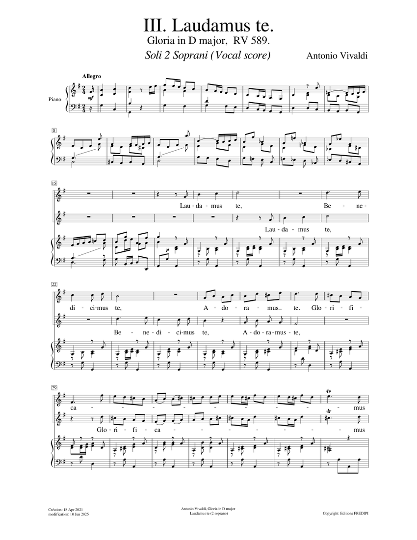 Gloria in D major, RV 589, III Laudamus te – Antonio Vivaldi Sheet Music for Piano, Soprano ...