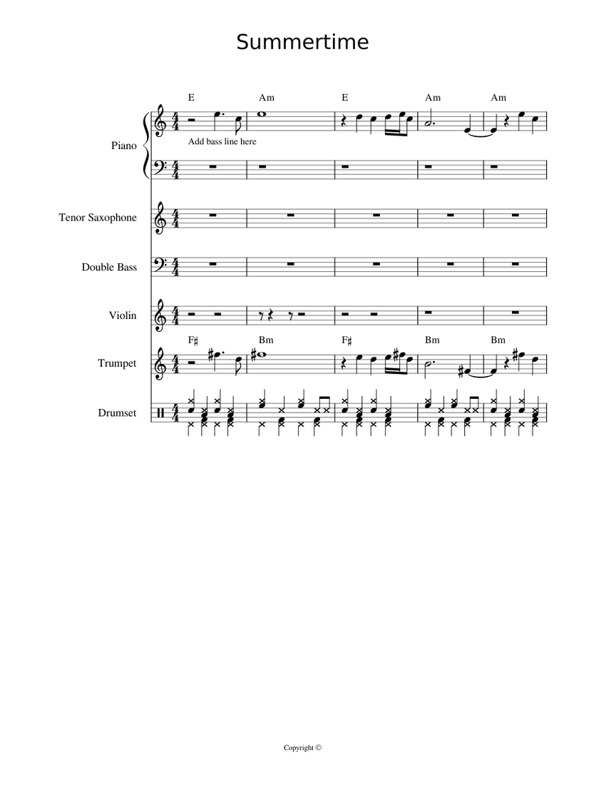 Summertime Sheet music for Piano, Saxophone tenor, Contrabass, Violin ...