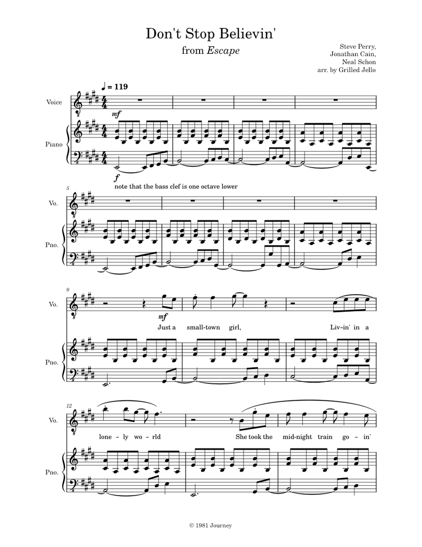 Don't Stop Believin' - Journey Sheet Music for Piano, Vocals (Piano ...