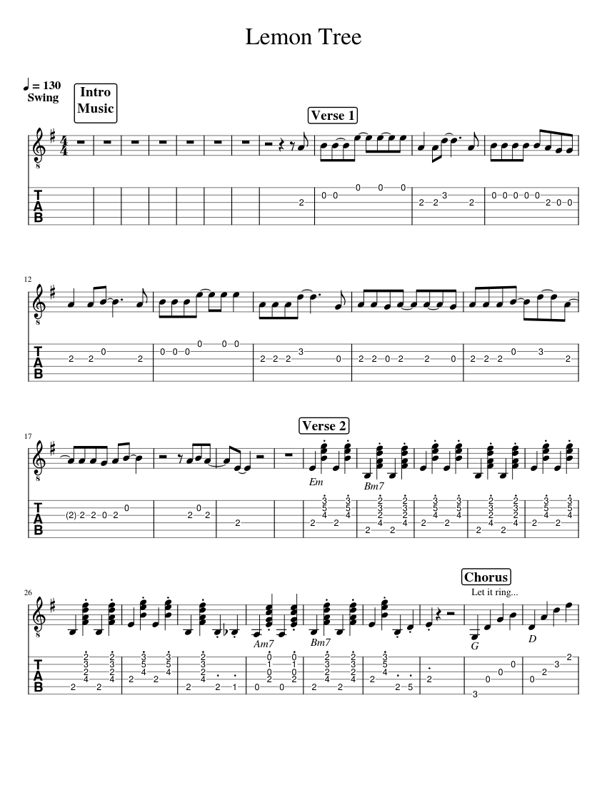 Lemon Tree - Guitar Sheet Music and Tab for Guitar (Solo) | MuseScore.com