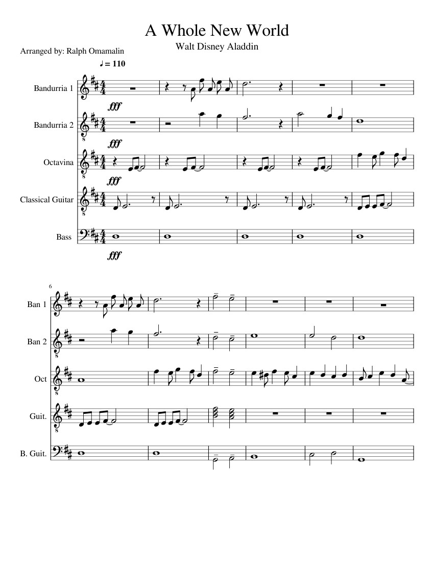 A whole new world Sheet music for Piano, Guitar, Bass guitar (Mixed ...