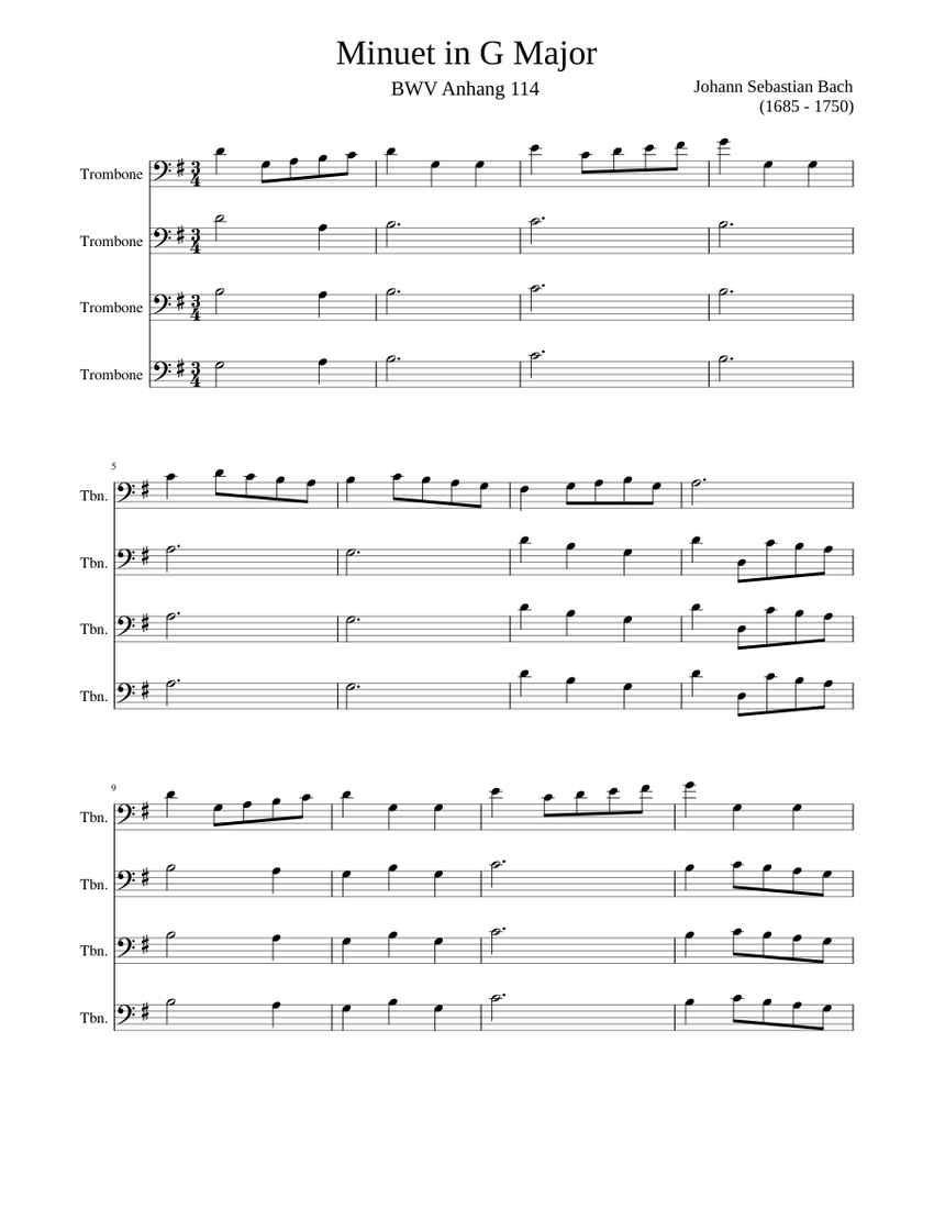 Minuet in G Major for Trombone Quartet Sheet Music for Trombone (Mixed ...