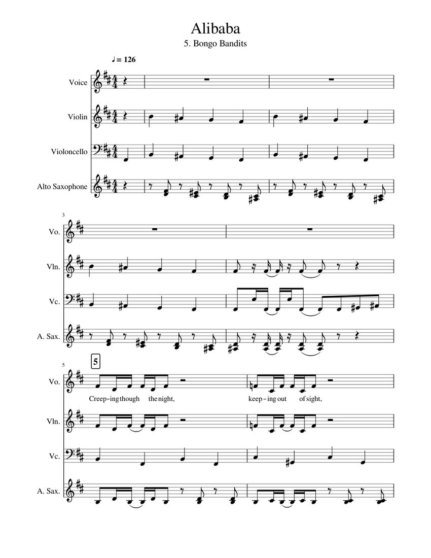 5 Bongo Bandits Sheet music for Vocals, Saxophone alto, Violin, Cello ...
