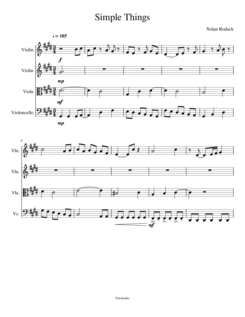 Simple Things Sheet Music for Violin, Viola, Cello (String Quartet ...